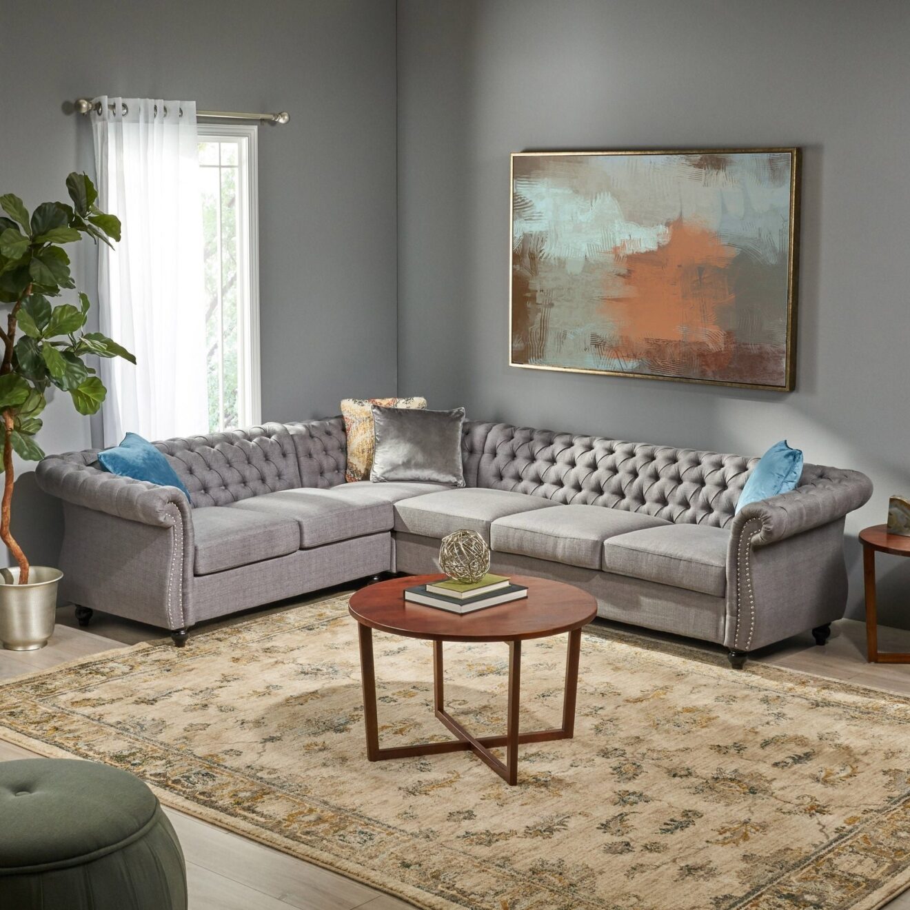 Amberside 6 Seater Fabric Tufted Sectional Sofa - lavishdecor.ae